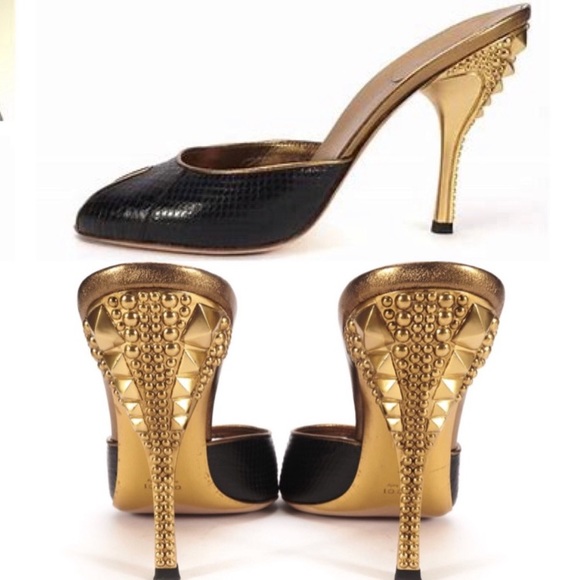 Gucci | Shoes | Gucci Tom Ford Runway Python Black Gold Stud Heeled ...